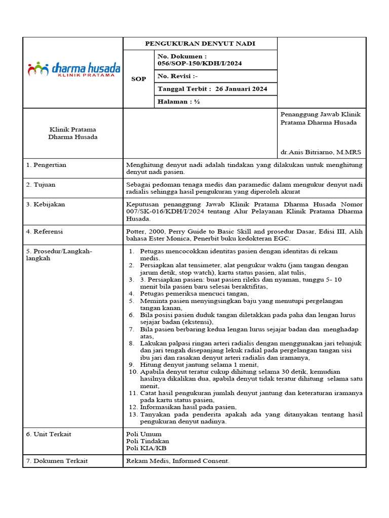 Prosedur Pengukuran Denyut Nadi Medis | PDF | Sains & Matematika