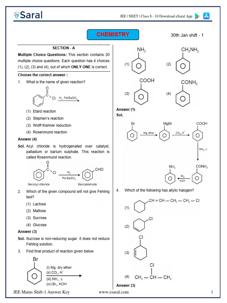 CHEMISTRY JEE Main 2024 Question Papers With Answer Key PDF | Download Free PDF | Chemical ...