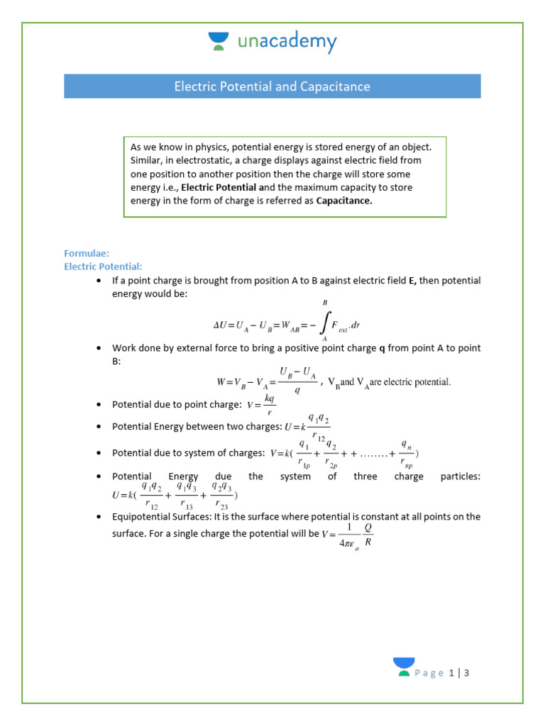 Formula Sheet Electric Potential And Capacitance First Edit Pdf