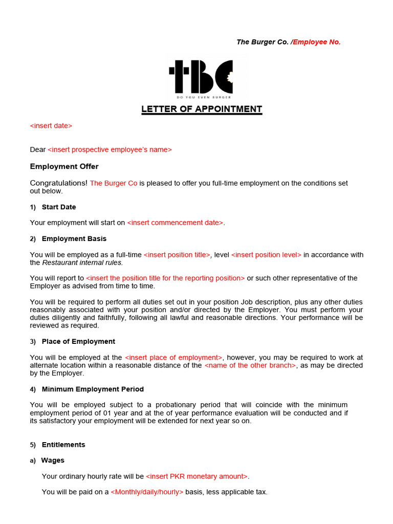 Appointment Letter TBC | PDF | Employment | Sick Leave