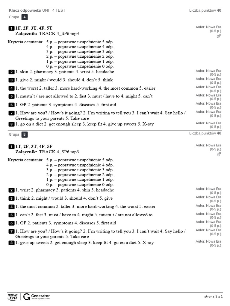 UNIT 4 TEST Klucz Odpowiedzi | PDF