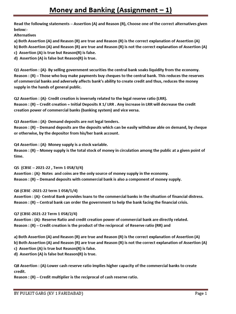 Money and Banking Assignment FOR SCHOOL | PDF | Reserve Bank Of India ...