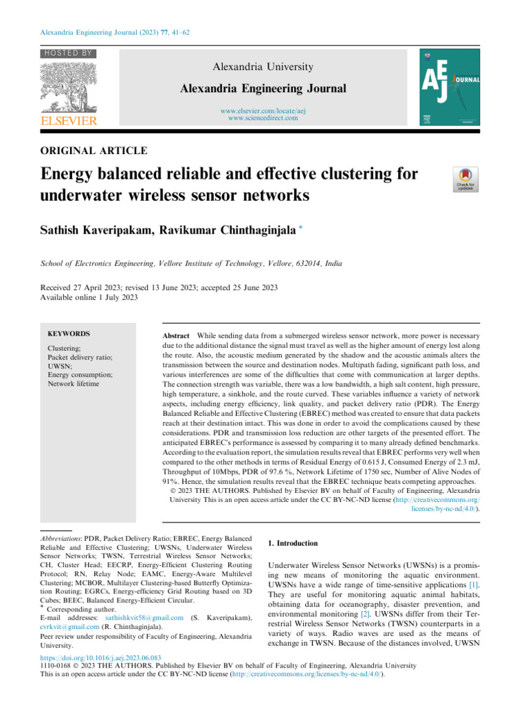 Energy Balanced Reliable And Effective Clustering For Underwater Wireless Sensor Networks Pdf