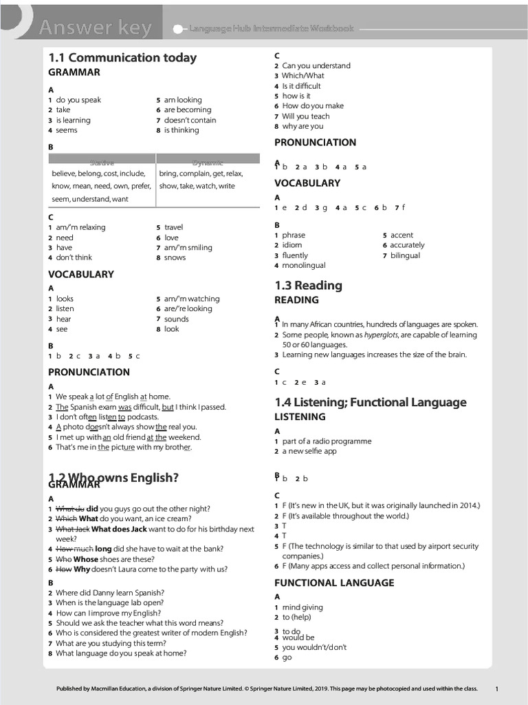 PDF LH Intermediate Workbook Answer Key Compress | PDF ...