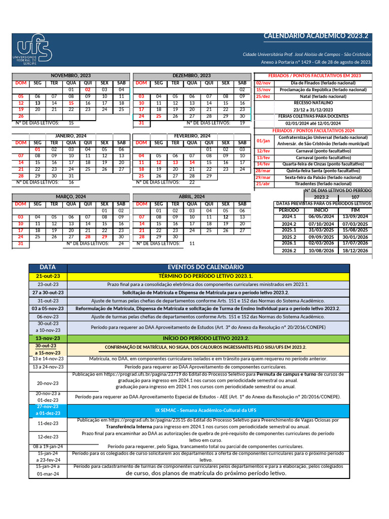 Calendário Acadêmico 2023.2 UFS | PDF