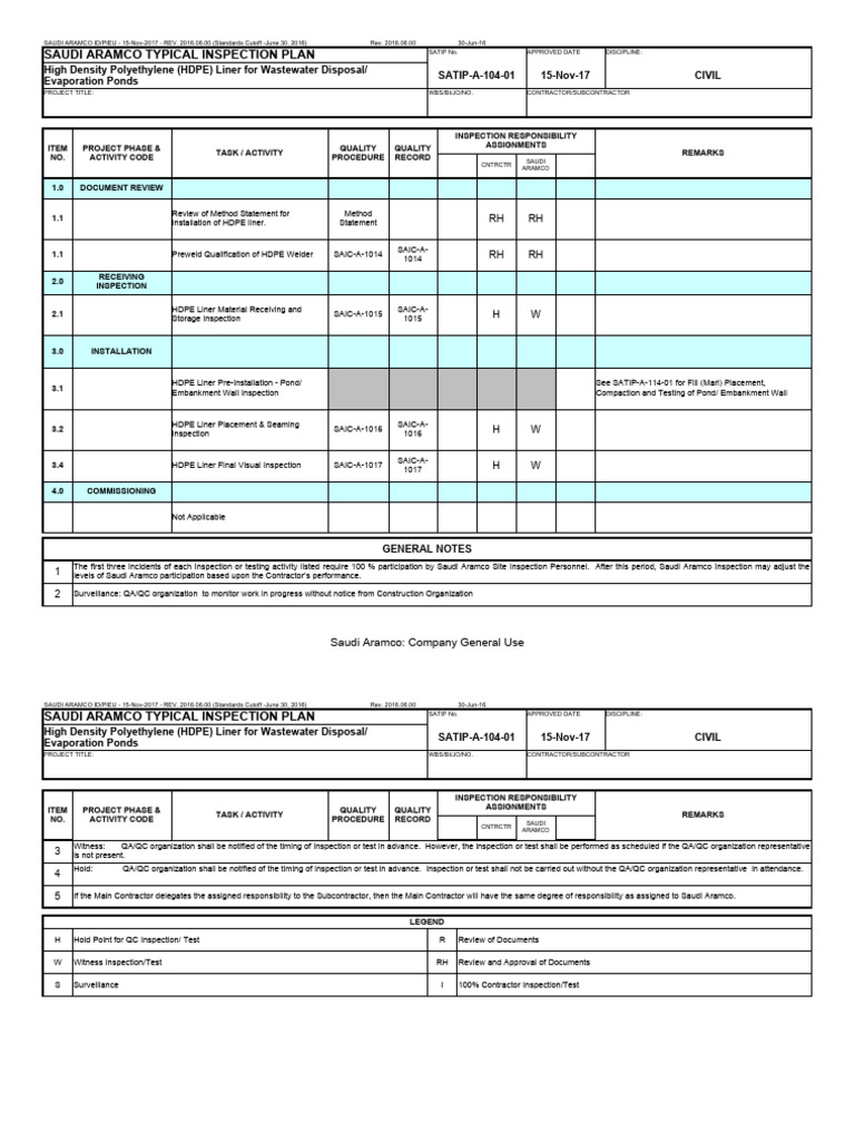 HDPE Liner Inspection Plan for Aramco | PDF