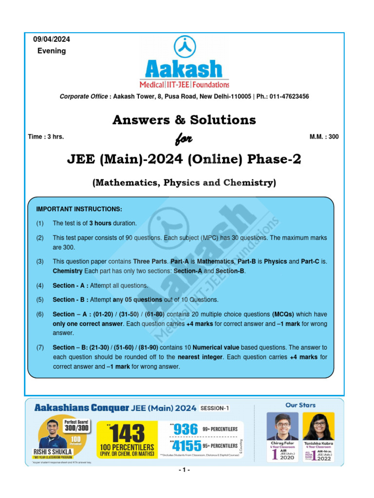 Ans & Sol - JEE (Main) - 2024 - Phase-2 - (09-04-2024) - Evening | PDF | Algebra | Mathematical ...