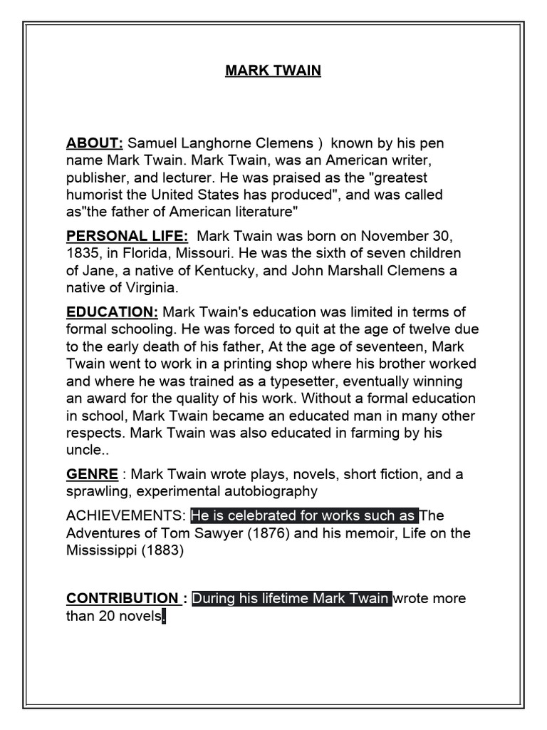 Mark Twain: Humorist & Literary Icon | PDF