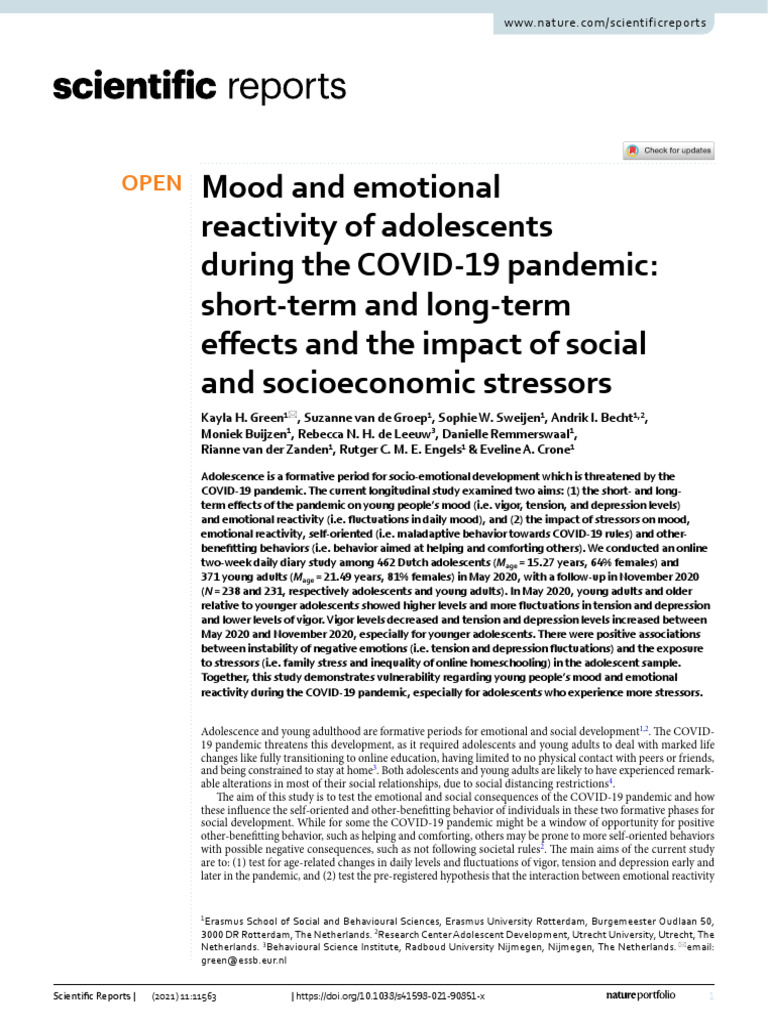 Mood and Emotional Reactivity of Adolescents During The COVID-19 ...