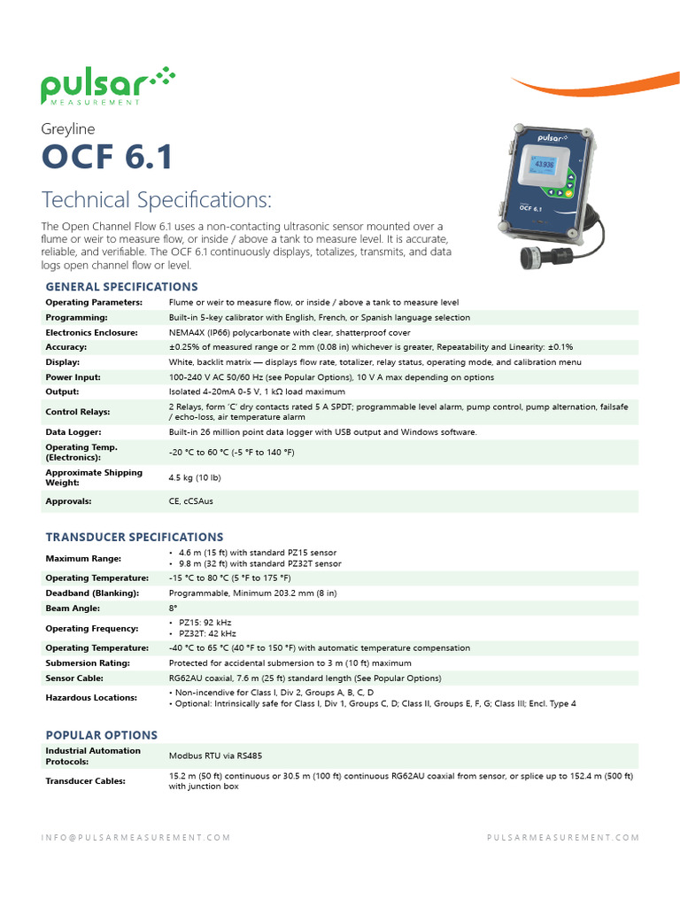 Greyline Ocf 6 1 Datasheet | PDF | Relay | Flow Measurement