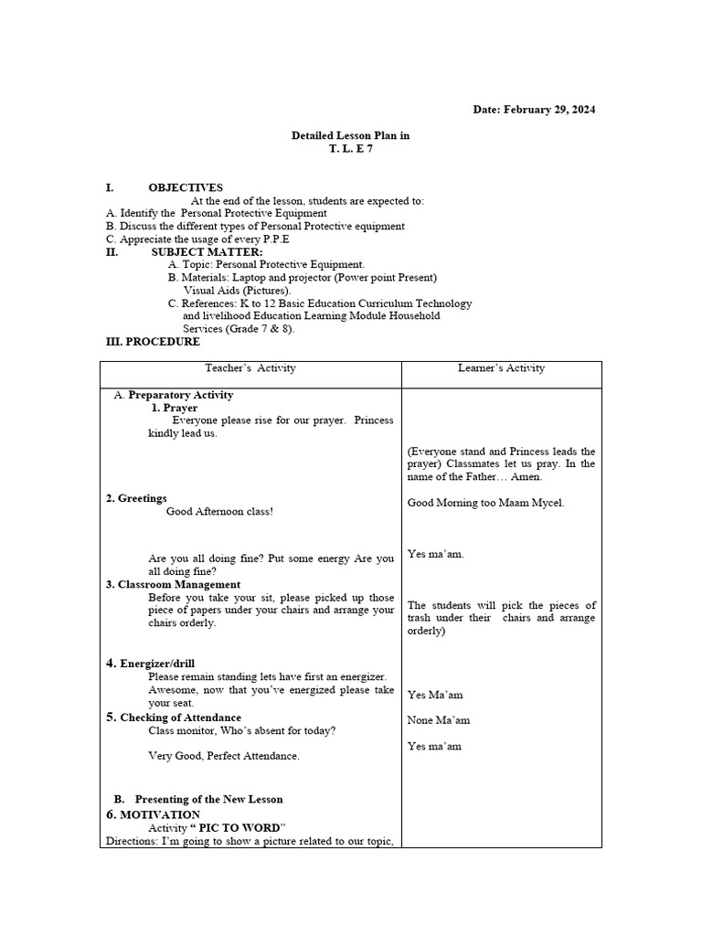 Detailed Lesson Plan in T.L.E 3rd Lesson | PDF | Personal Protective ...