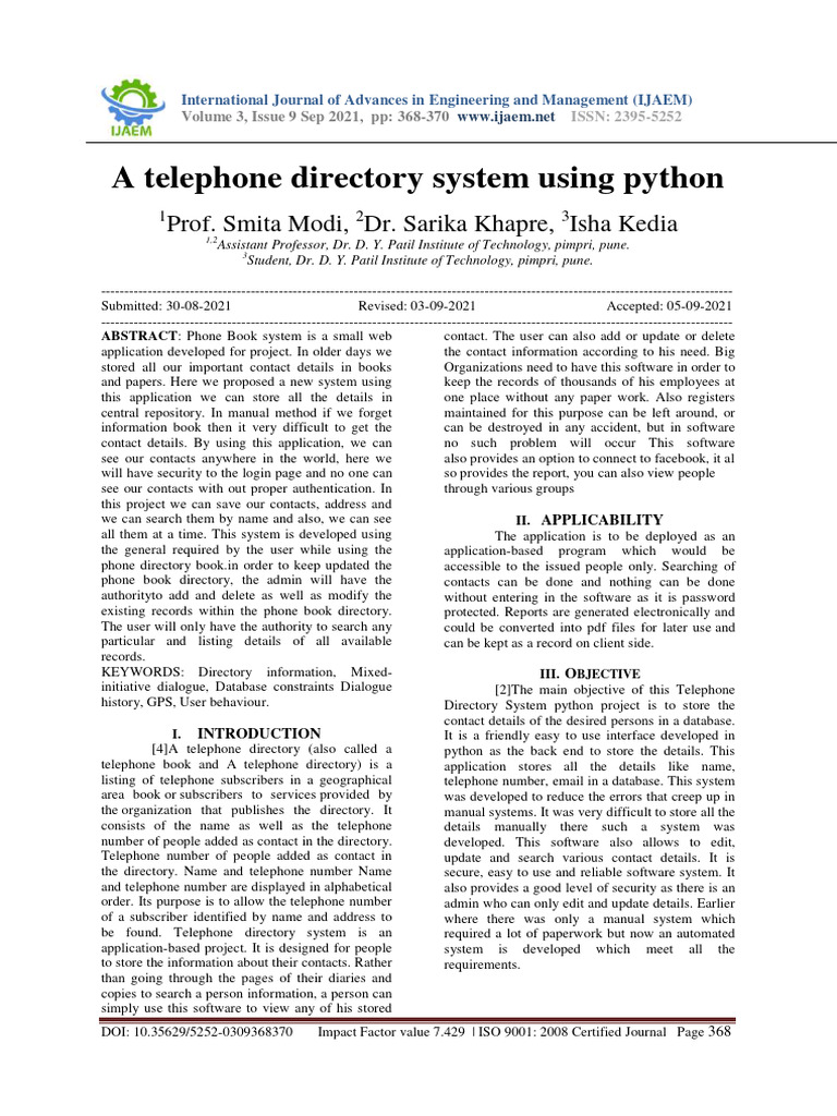 A telephone directory system using python | PDF | Databases | Telephone A telephone directory system using python | PDF | Databases | Telephone