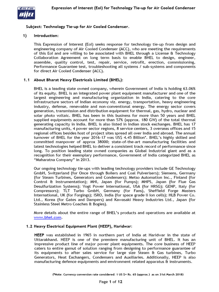 Expression of Interest (EoI) For Technology Tie-Up For Air Cooled ...