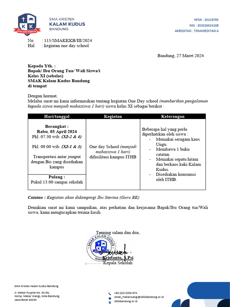 Kegiatan One Day School SMAK Kalam Kudus | PDF