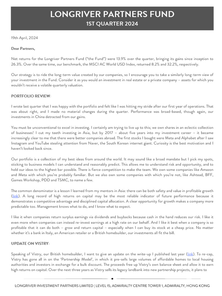 Longriver - Quarterly Letter - 24 Q1 | PDF | Investing | Purchasing ...