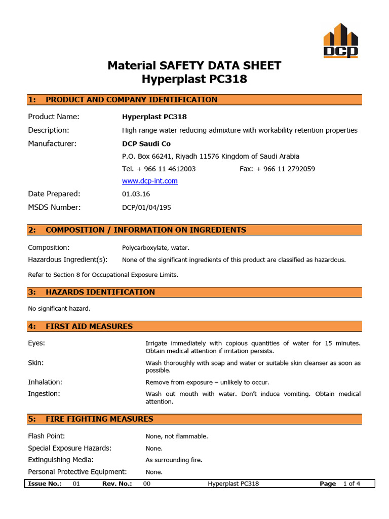 Material Safety Data Sheet Hyperplast PC318: 1: Product and Company ...