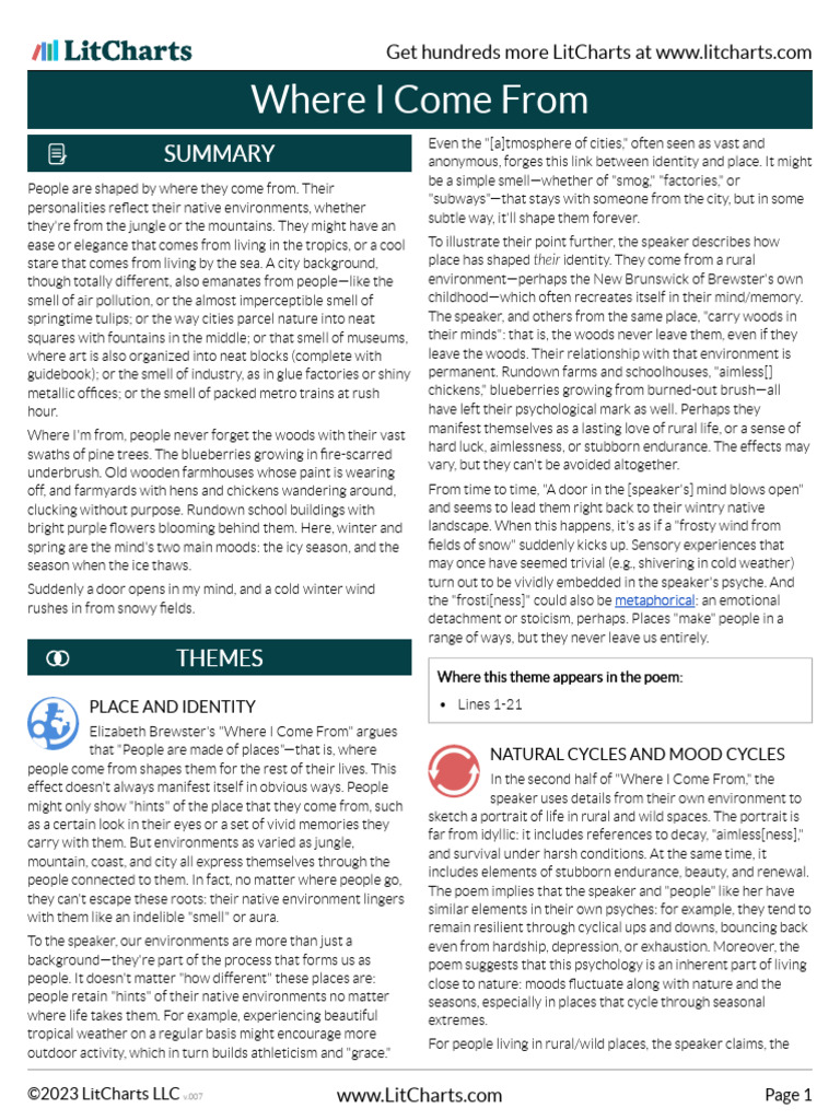 LitCharts Where I Come From | Download Free PDF | Poetry | Mind