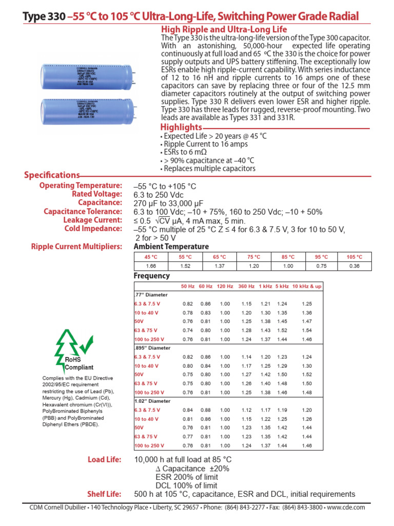 CDE (Radial Thru-Hole) 330 Series | PDF | Capacitor | Electrical Engineering