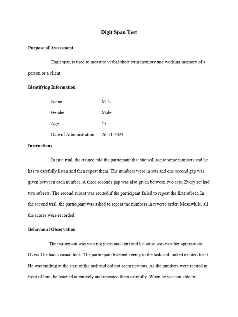 Digit Span Test | PDF | Memory | Psychological Concepts