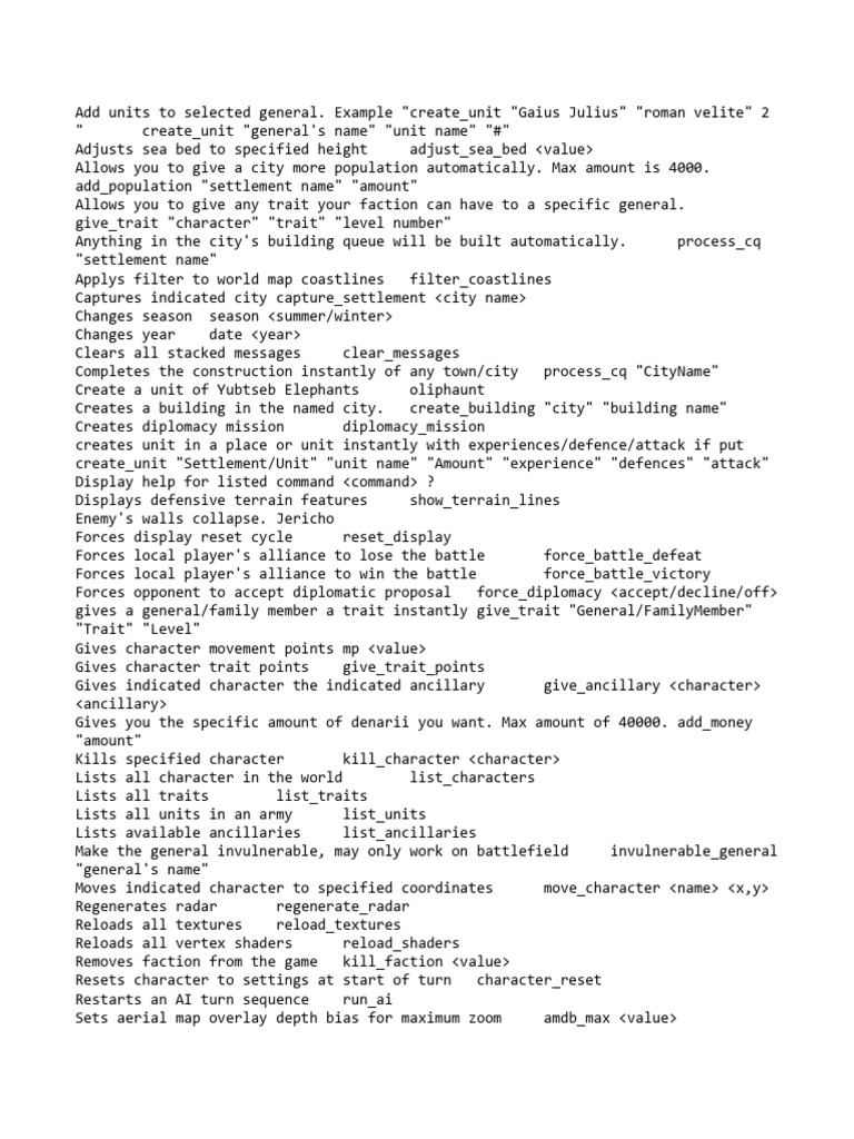 Comprehensive Command List for Game Modifications | PDF