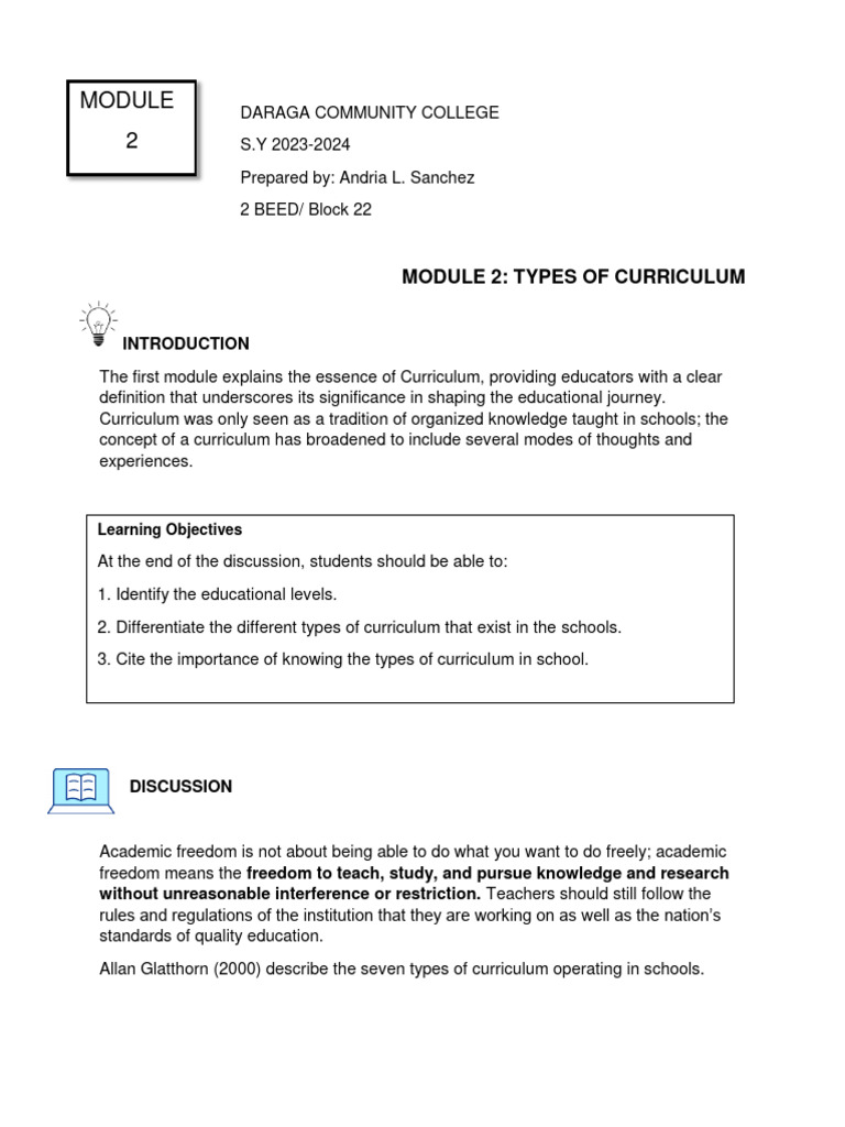 Types of Curriculum Module | PDF | Curriculum | Learning