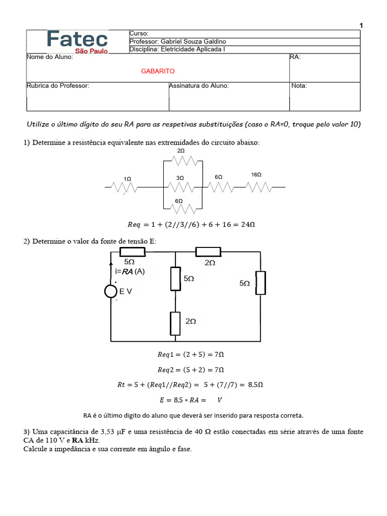 Gabarito - Eletro | Download grátis PDF | Impedância elétrica | Rede elétrica
