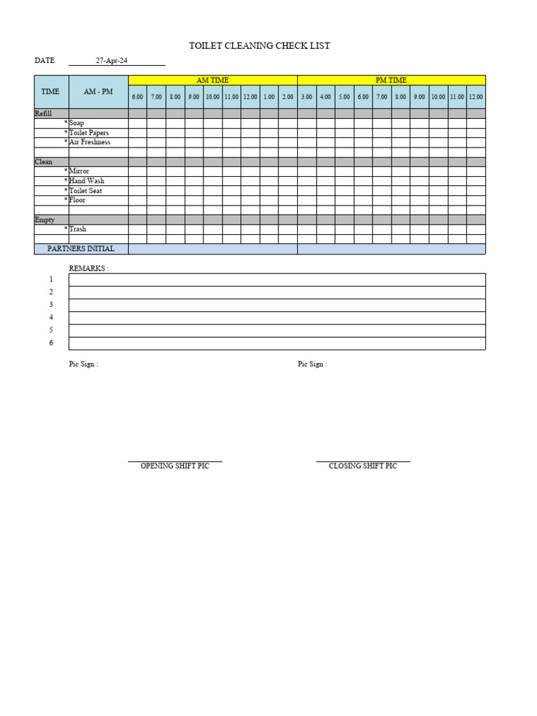 Daily Toilet Cleaning Checklist | PDF
