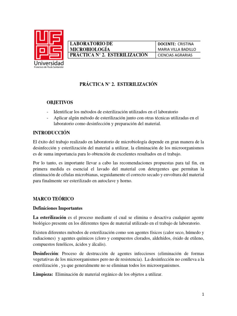 PrÃ¡ctica 2 EsterilizaciÃ N (1) AGRONOMIA Cristina Villa | Descargar gratis PDF | Esterilización ...