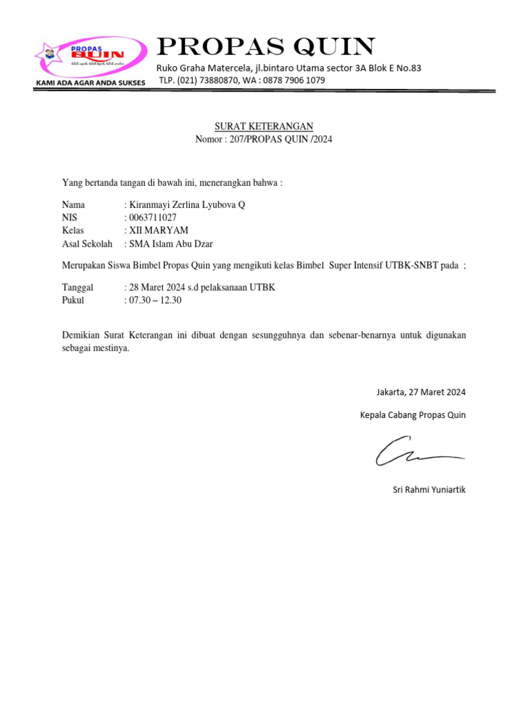 Surat Keterangan Siswa Bimbel UTBK 2024 | PDF