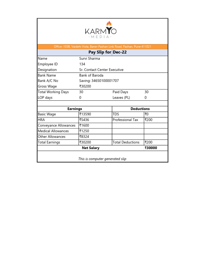 Salary Slip for Sr. Executive - Dec 2022 | PDF