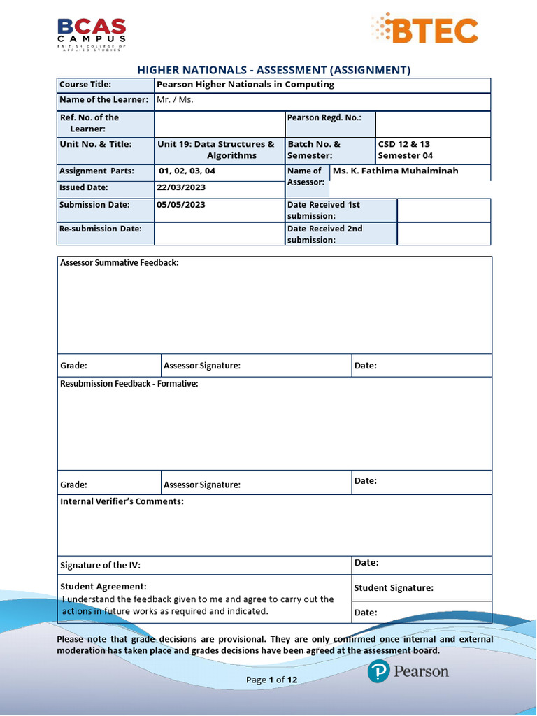 Dsa Assignment Brief Csd 12 And 13 Pdf Algorithms Algorithms And Data Structures