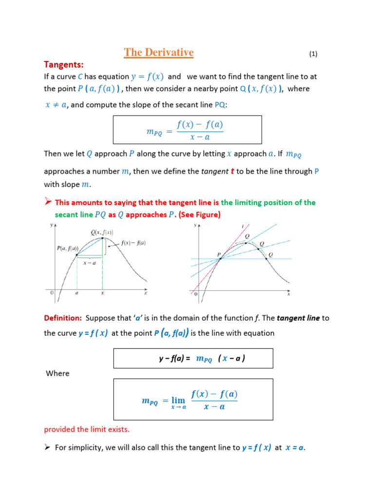 Lecture-8, Tagent Line and Derivative, Cal-1 | PDF | Tangent | Elementary Mathematics