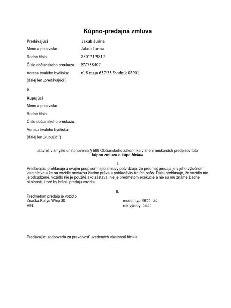 Kupno Predajna Zmluva Cebia 2024 | PDF