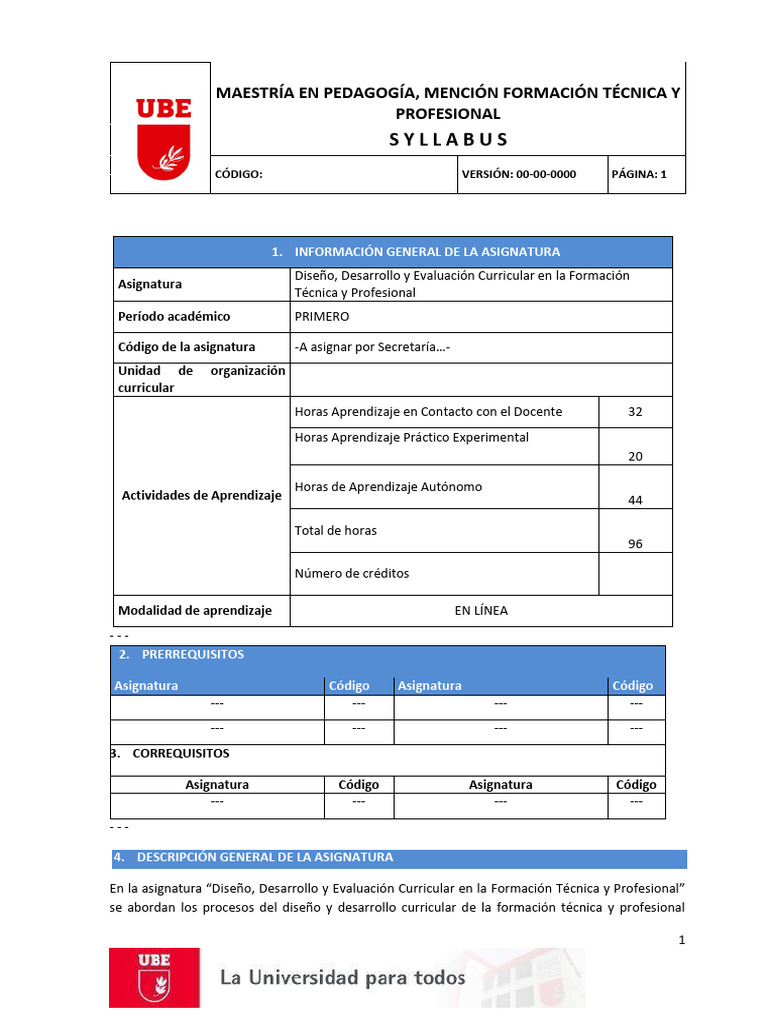 Formato de PEA - UBE - JRobinson - A | PDF | Plan de estudios | Evaluación
