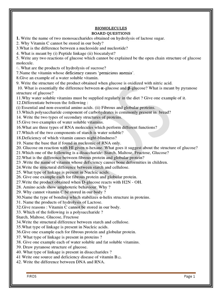 Board Questions BIOMOLECULES | PDF | Glucose | Hydrolysis