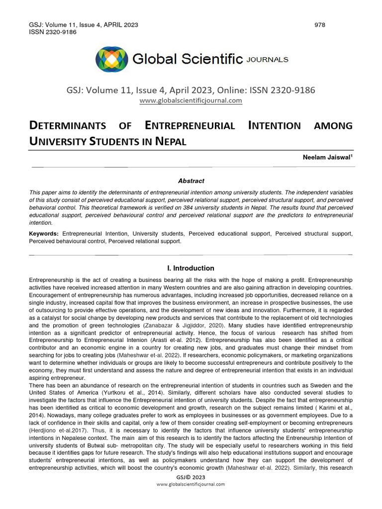 Determinants of Enterpreneurial Intention Among University Students in ... Determinants of Enterpreneurial Intention Among University Students in ...