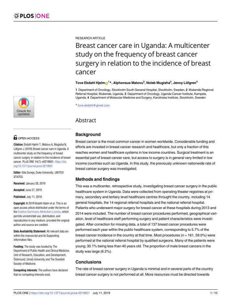 Breast Cancer Care in Uganda - Frequency of Breast Cancer Surgery in Relation To Incidence of ...