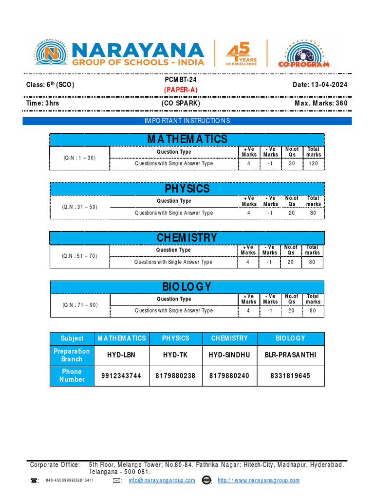 6 SCO - PCMBT-24 - (PAPER-A) - QP - EXAM DT - 13-04-2024 | PDF | Sound ...