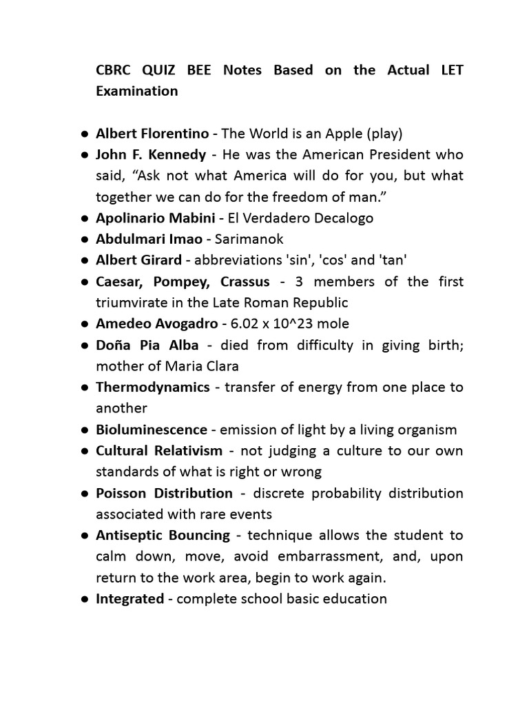 CBRC Quiz Bee Review Notes | PDF | Social Science