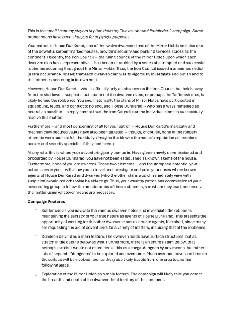 Sample Campaign Pitch | PDF | Dwarf (Dungeons & Dragons)