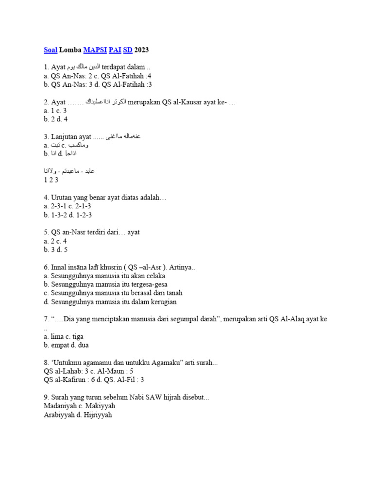 Latihan Soal Lomba MAPSI PAI SD 2023 | PDF