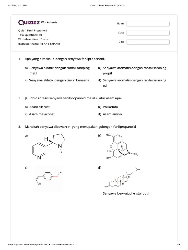 Quis 1 Fenil Propanoid - Quizizz | PDF