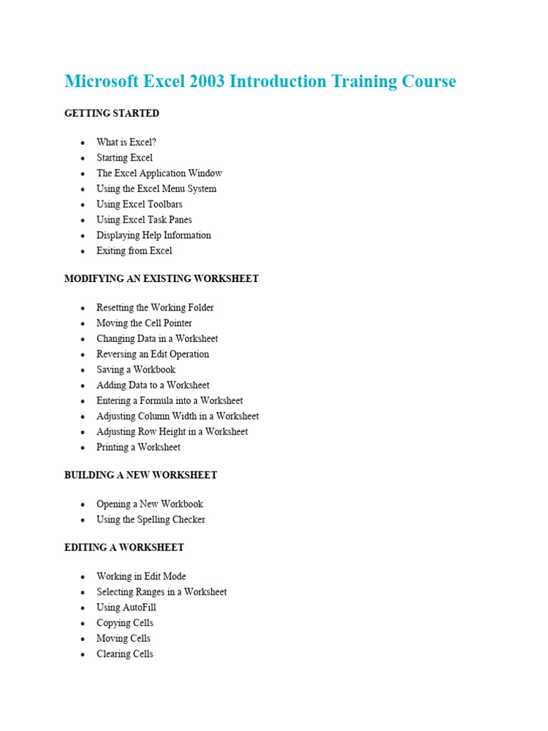 Excel Course Outline | PDF | Microsoft Excel | Worksheet