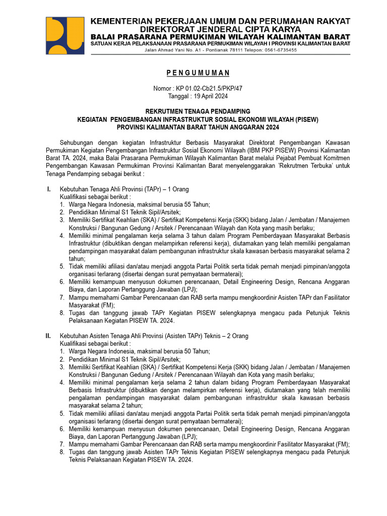 47-Pengumuman Rekrutmen Tenaga Pendamping Pisew 2024 | PDF | Karier & Perkembangan | Bisnis