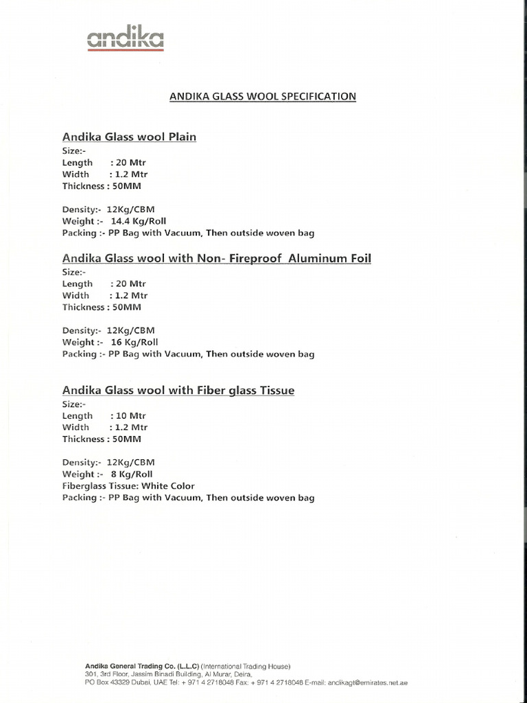 Andika Glass Wool Specification | PDF