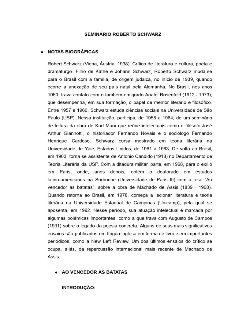 Roberto Schwarz e a Literatura Brasileira | PDF | Sociologia | Educação ...