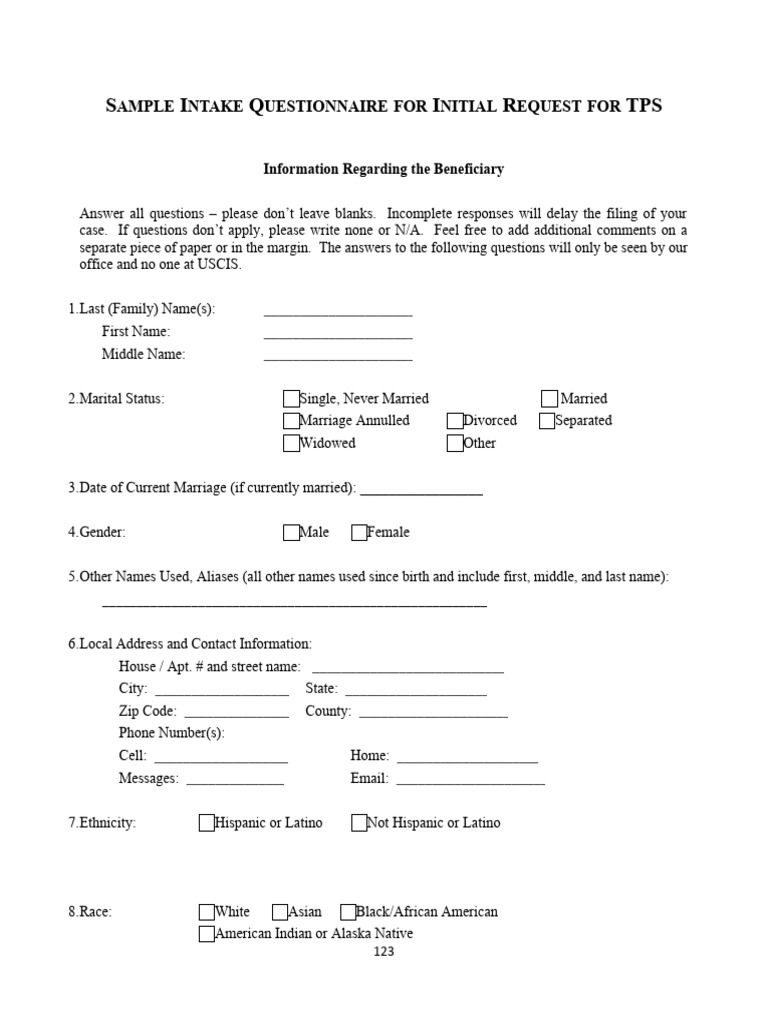 TPS Initial Request Intake Questionnaire | PDF | Race And Ethnicity In ...