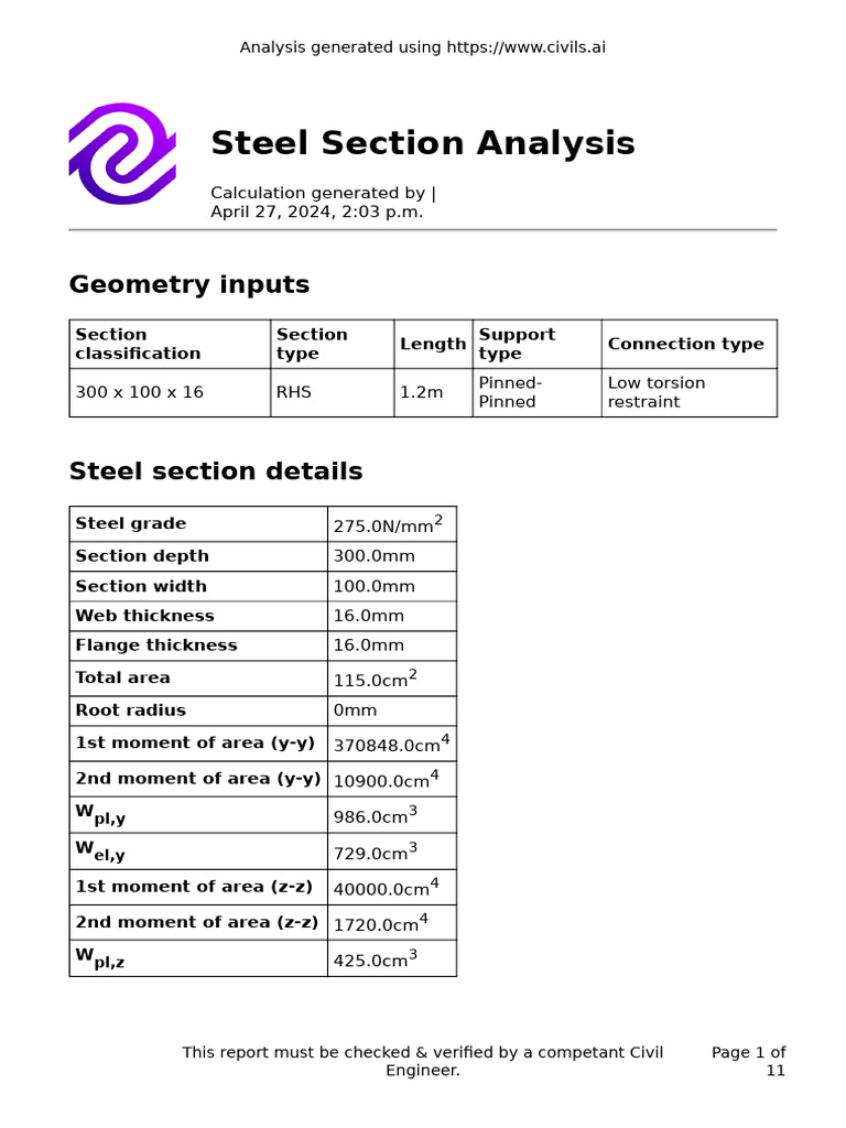 Civils - Ai Steel Calculation | PDF | Buckling | Bending Civils - Ai Steel Calculation | PDF | Buckling | Bending