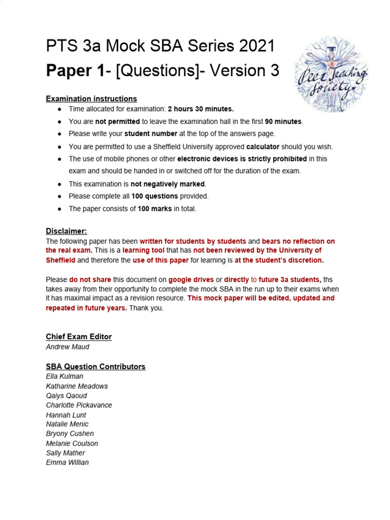 Pts 3a Mock Sba Series 2021 - Paper 1 - V3 - Questions | PDF | Blood ...