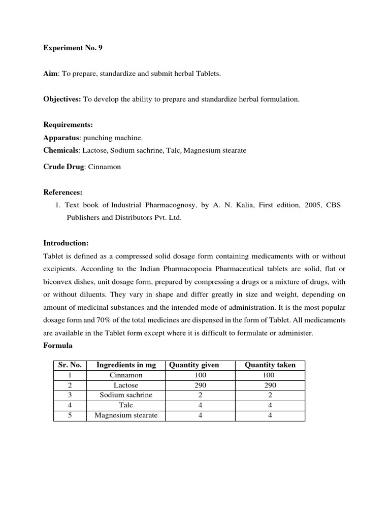 Experiment No 9 herbal drug technology | PDF | Tablet (Pharmacy) | Pharmaceutical Sciences